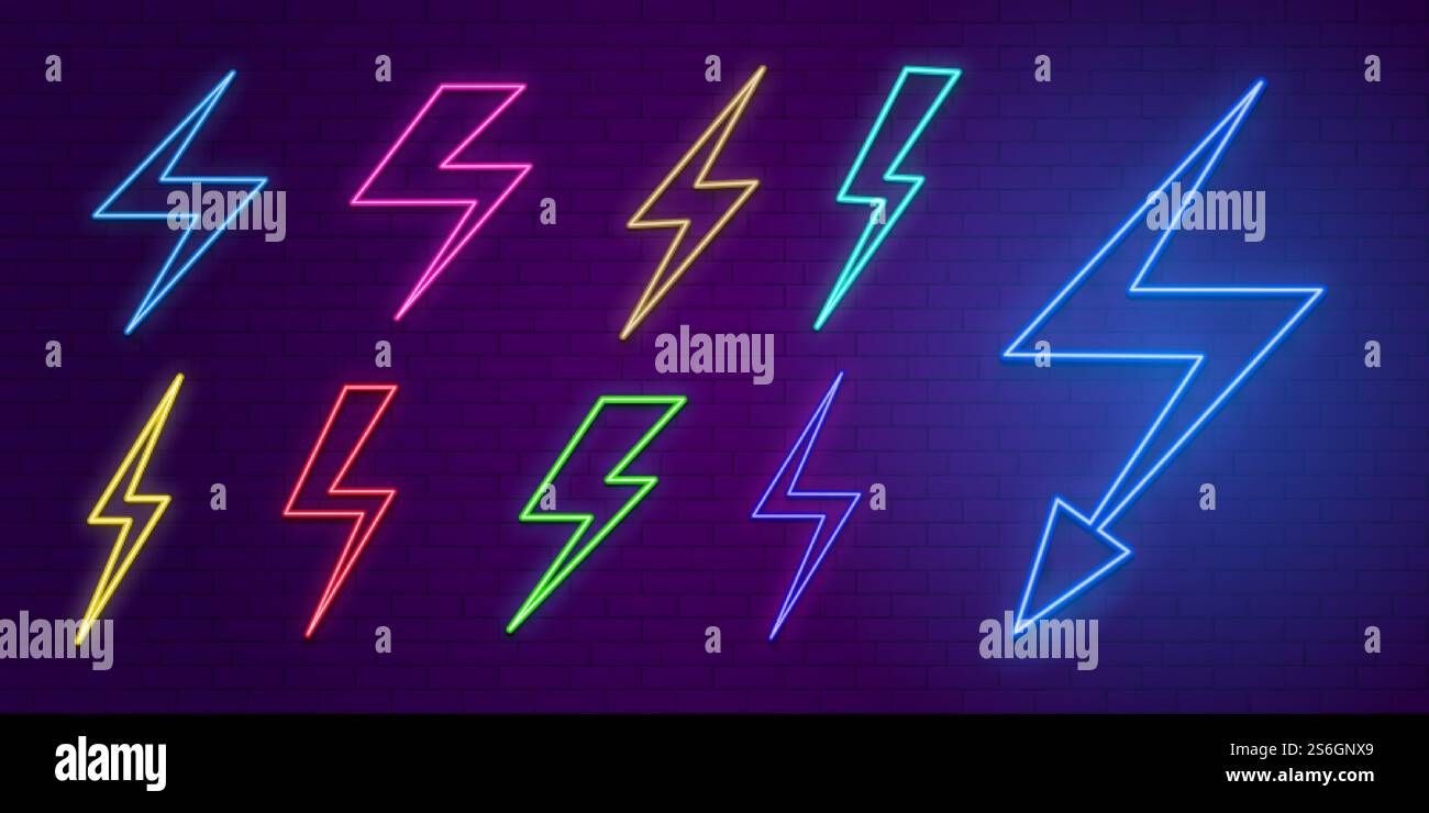 Neon Lightning Icons. Colored arrows and flashes, disco bar or night ...