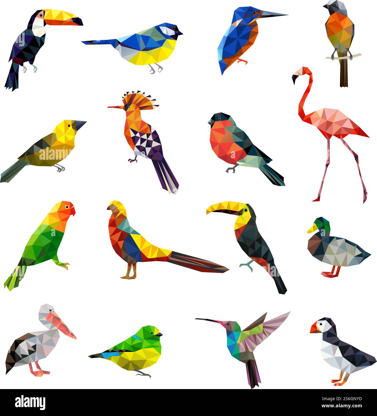 Polygonal birds. Geometrical stylized animals set flying colored birds ...