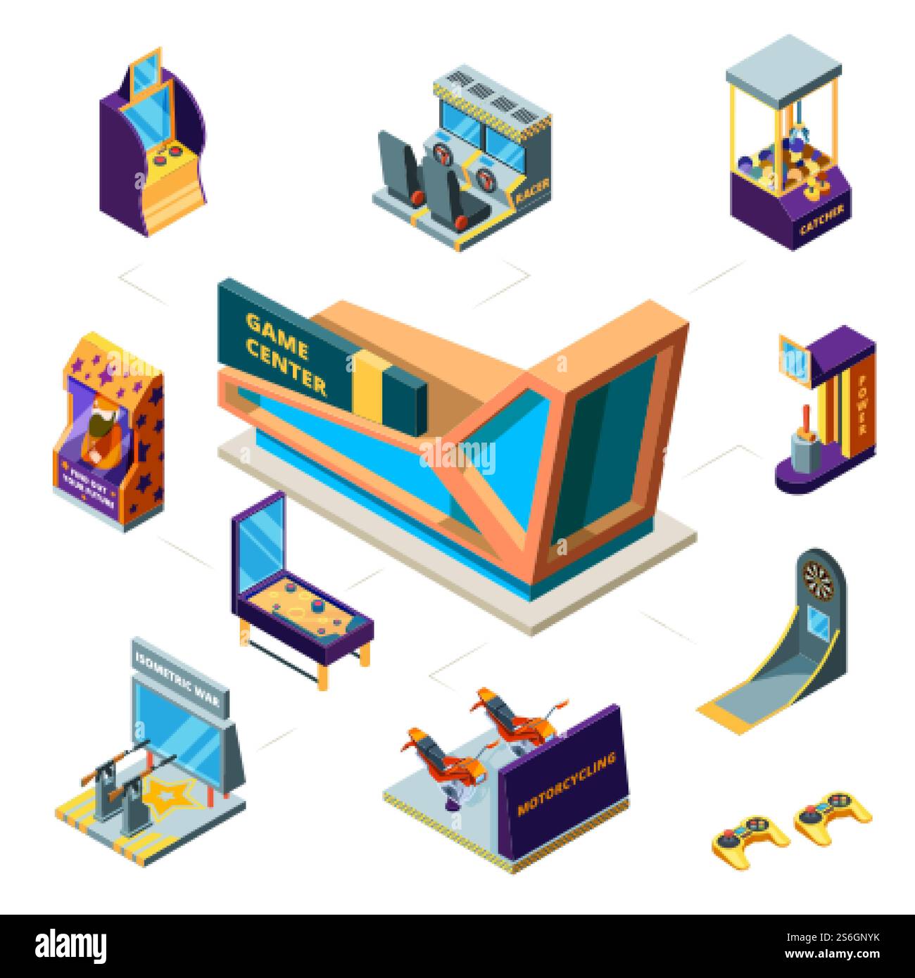 Modern game center concept. 3d game machines. Race simulator darts ...