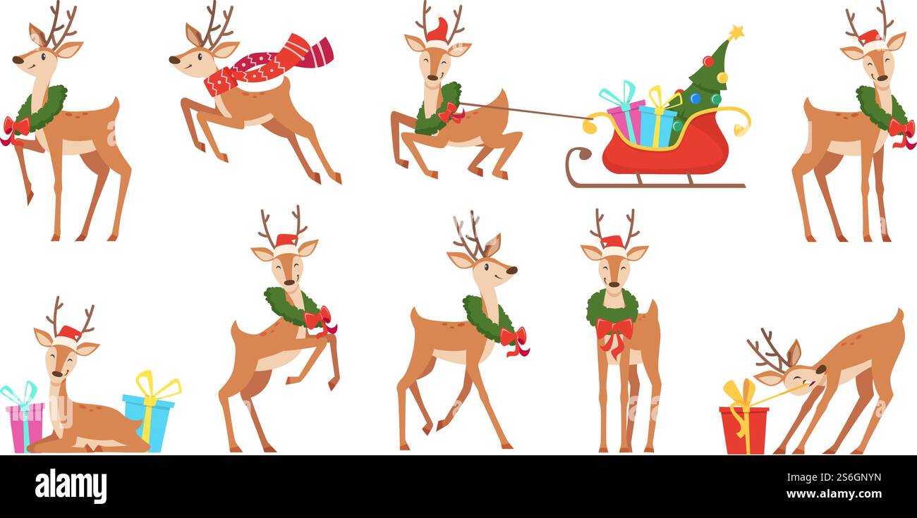 Cartoon deer. Winter celebration fairytale animals reindeer running ...