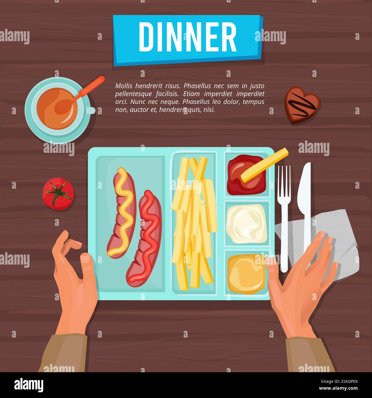 Lunch top view. School food tray on table sort products meals fruits ...