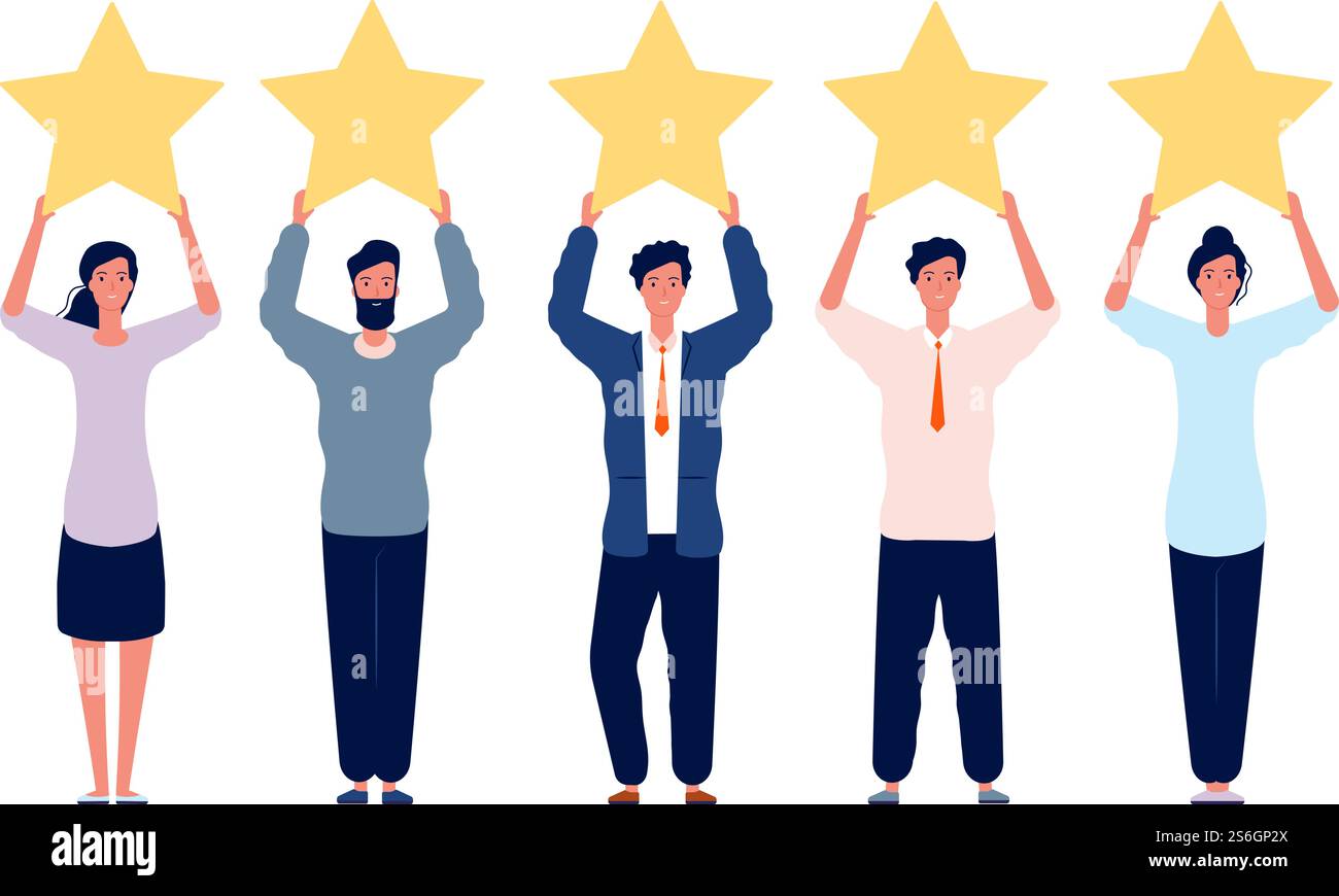 Rating concept. Characters holding gold five stars for positive ...