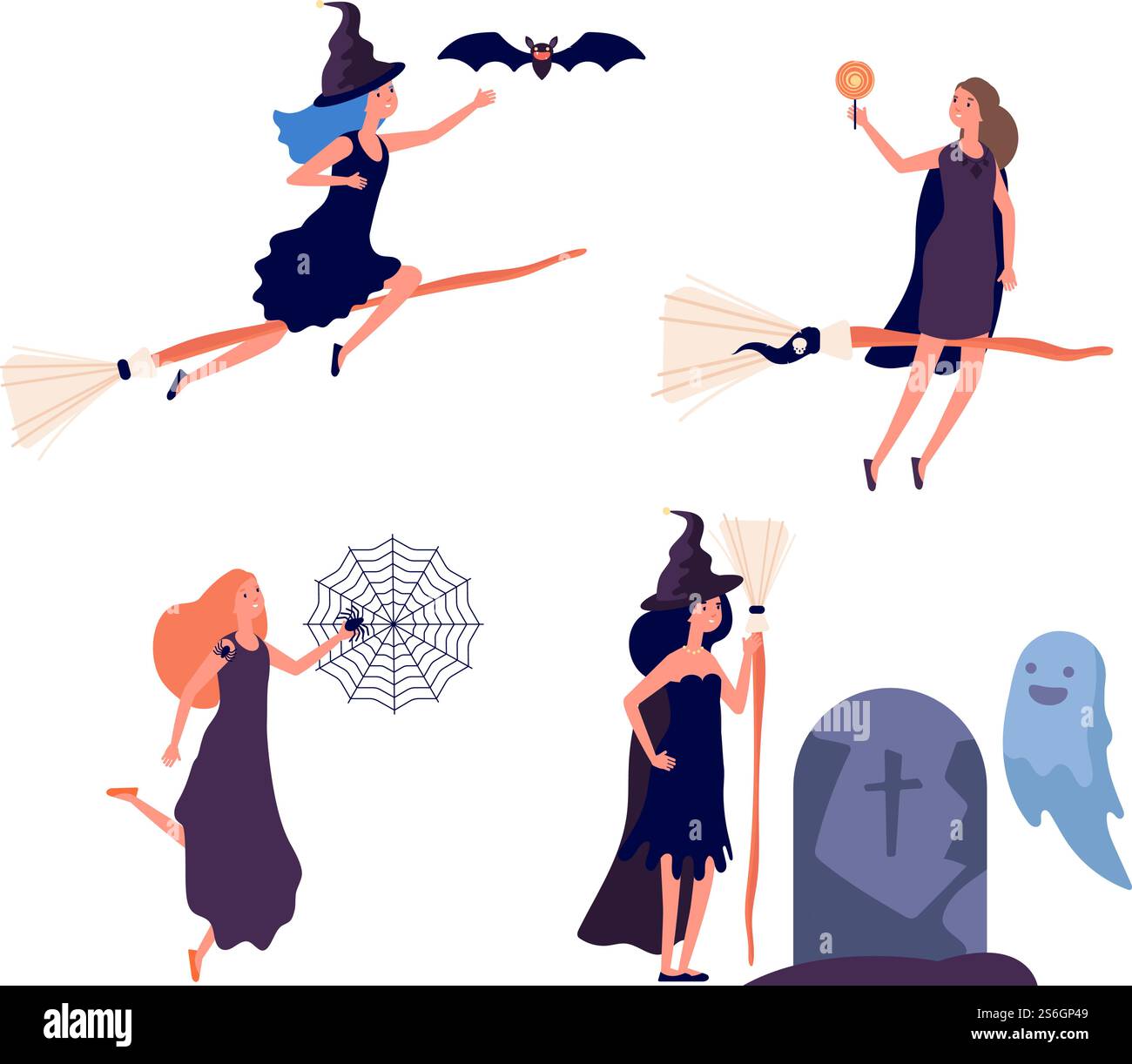 Witches characters. Cute woman flies on broomstick. Halloween fairy ...