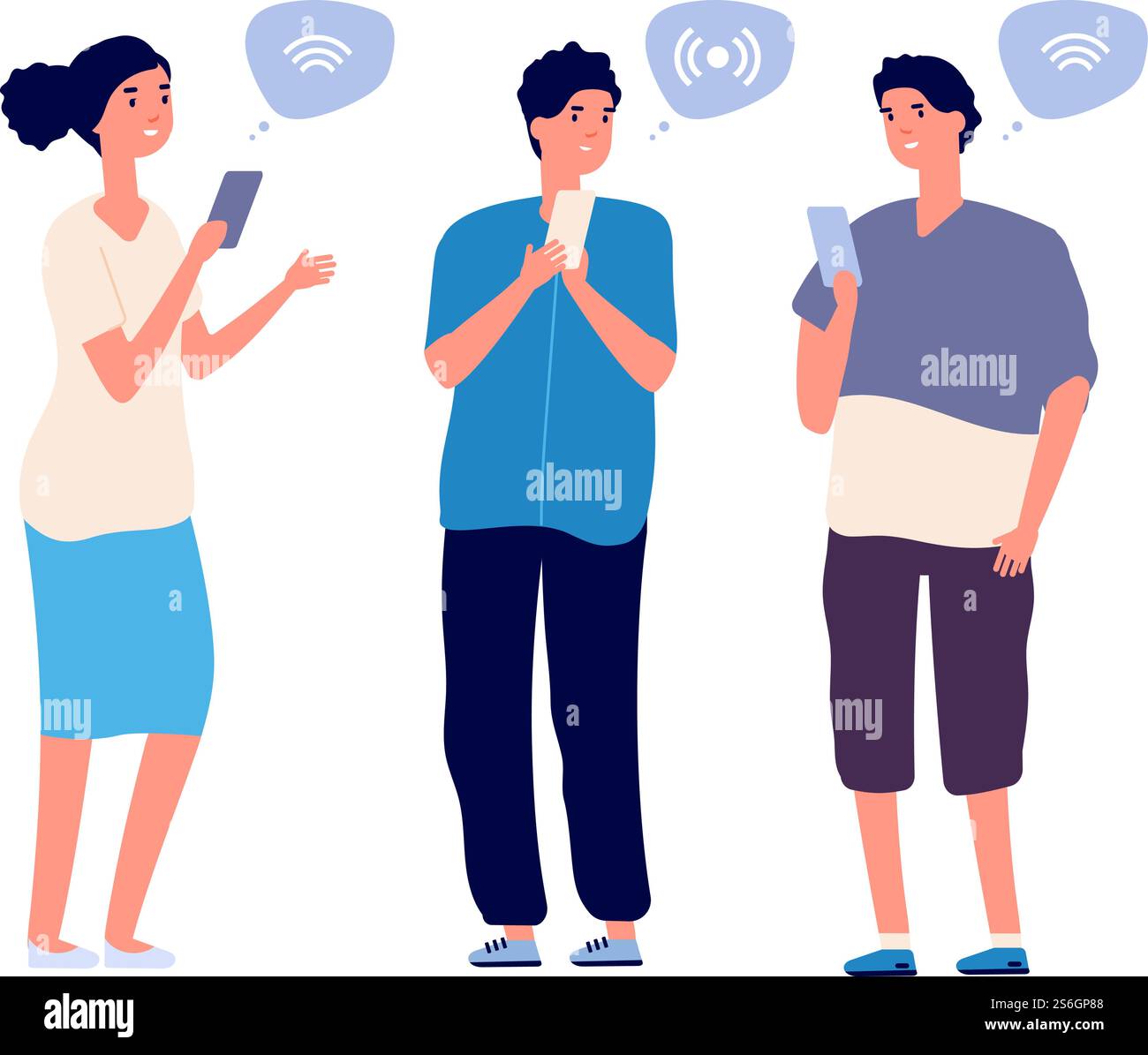 People using phones. Flat woman man with smartphones search wifi ...