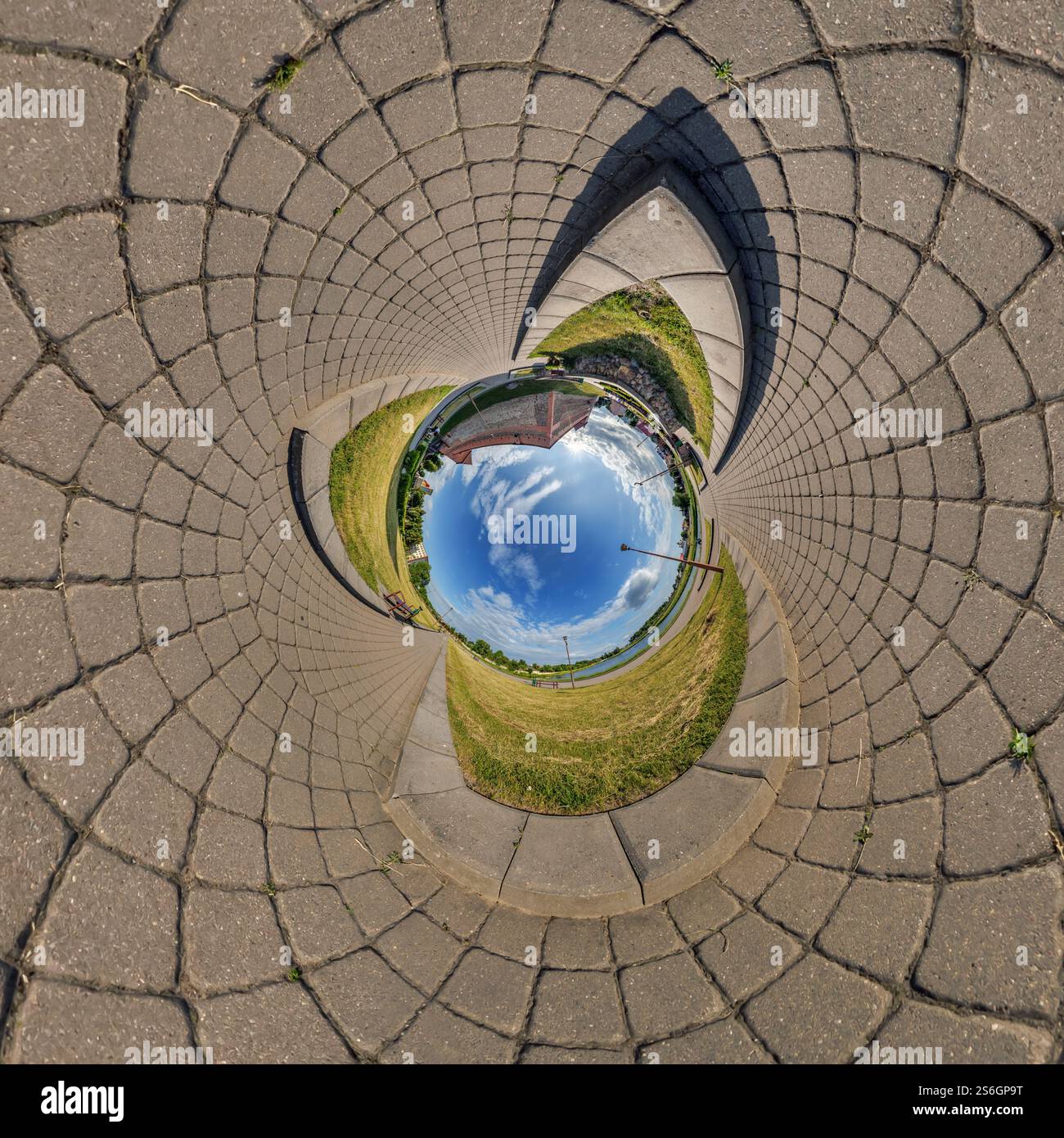 blue sphere inside overlooking old town, urban development, historic ...