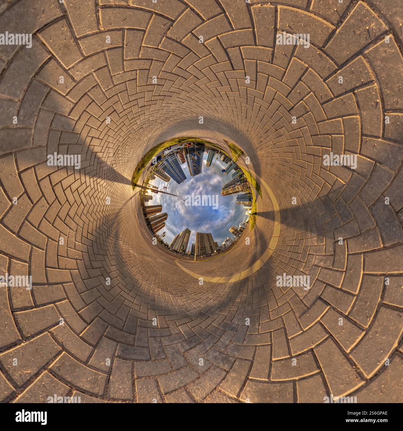 blue sphere inside overlooking old town, urban development, historic ...