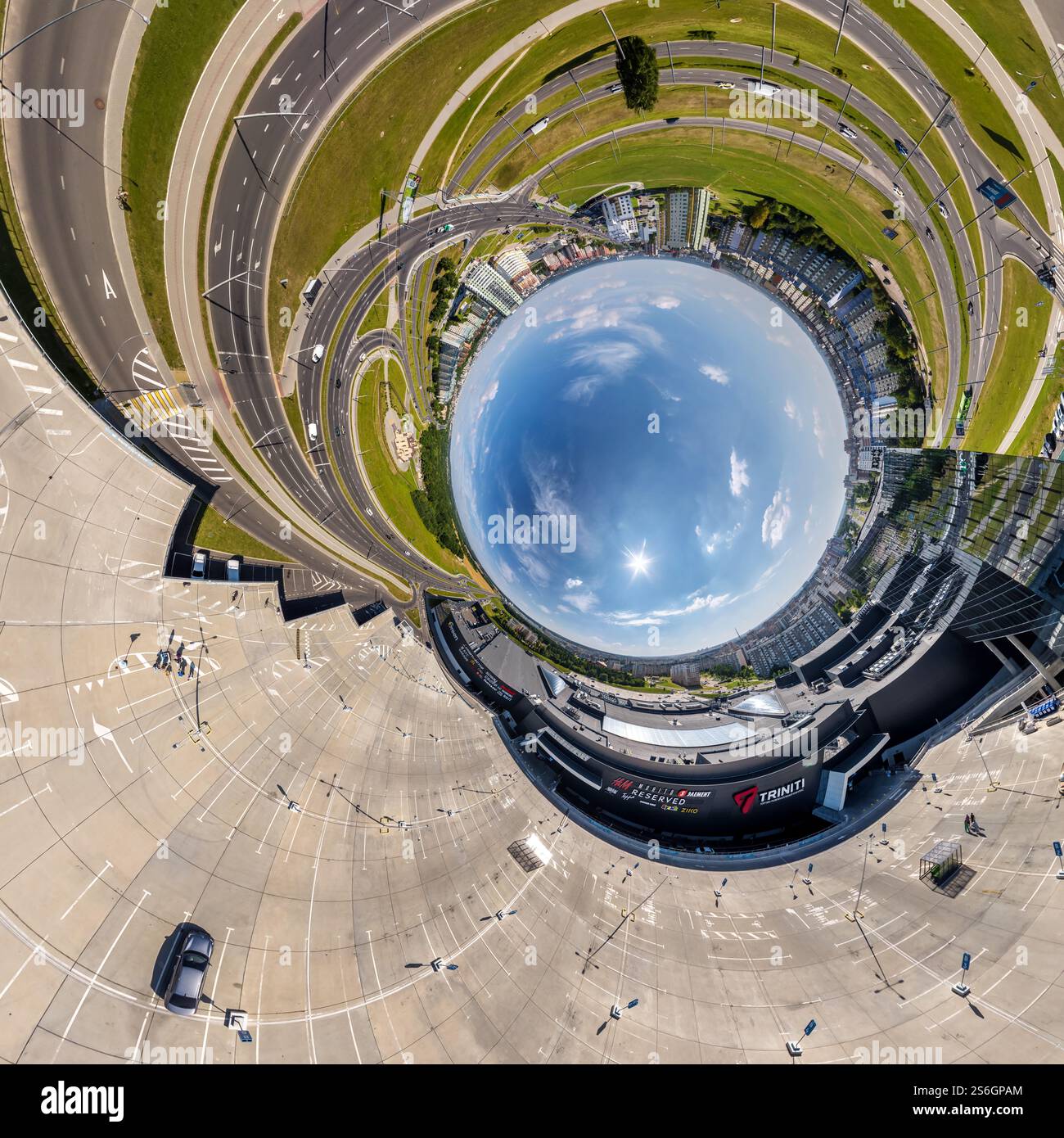 blue sphere inside overlooking old town, urban development, historic ...
