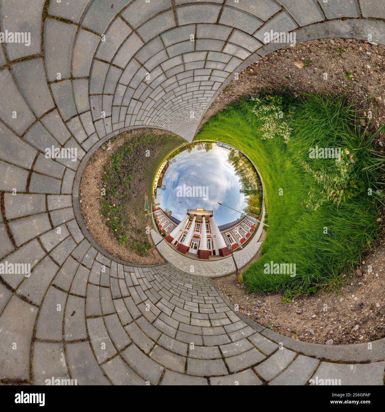 blue sphere inside overlooking old town, urban development, historic ...