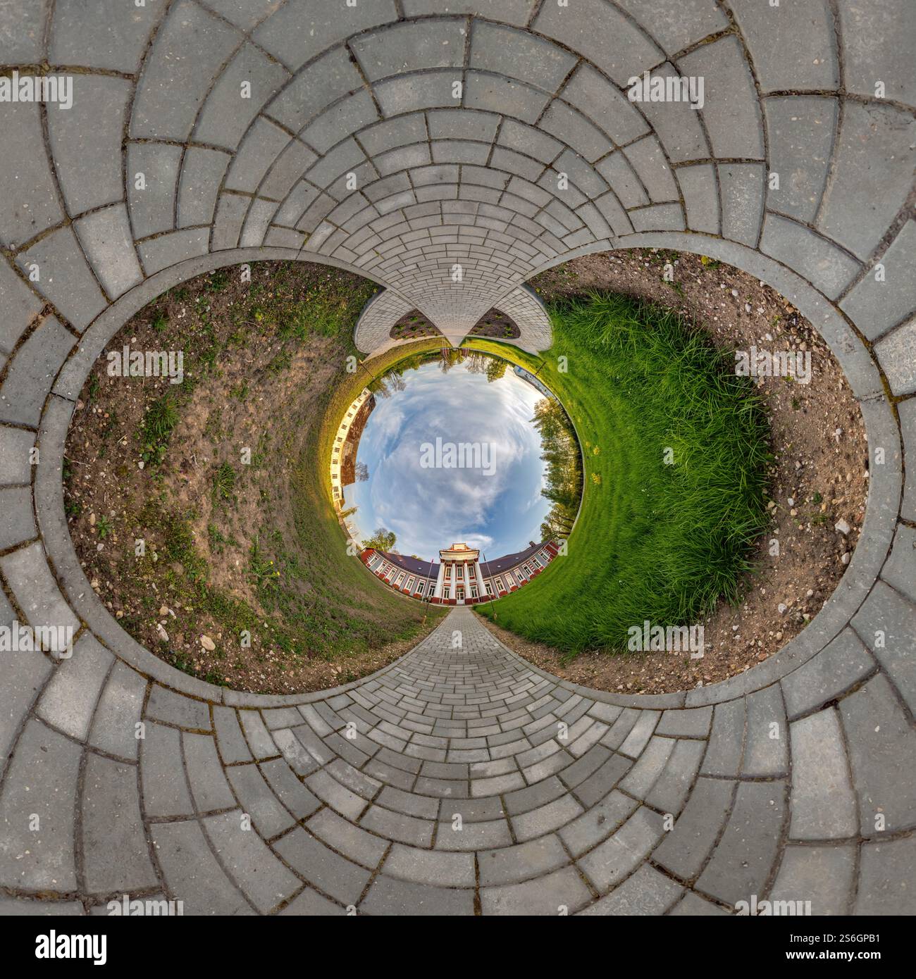 blue sphere inside overlooking old town, urban development, historic ...