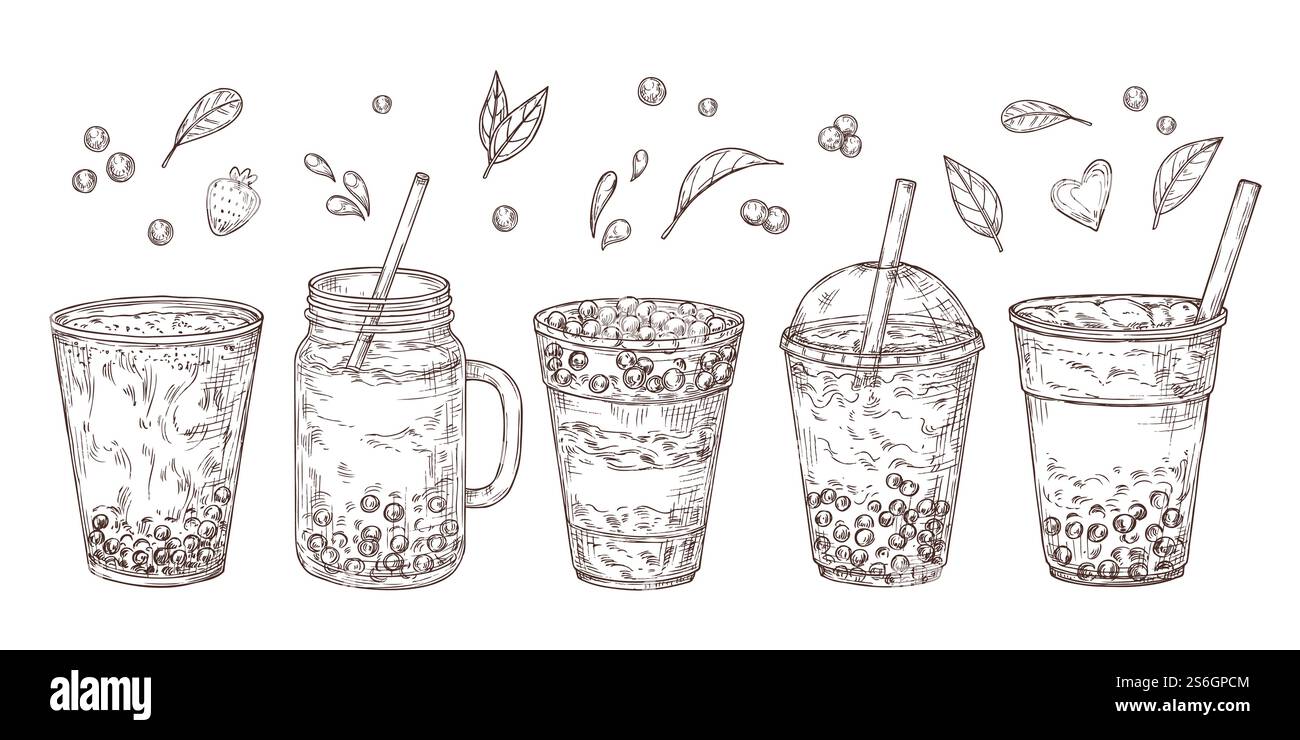 Bubble tea. Sketch summer drink, flavored teas graphic. Isolated ...
