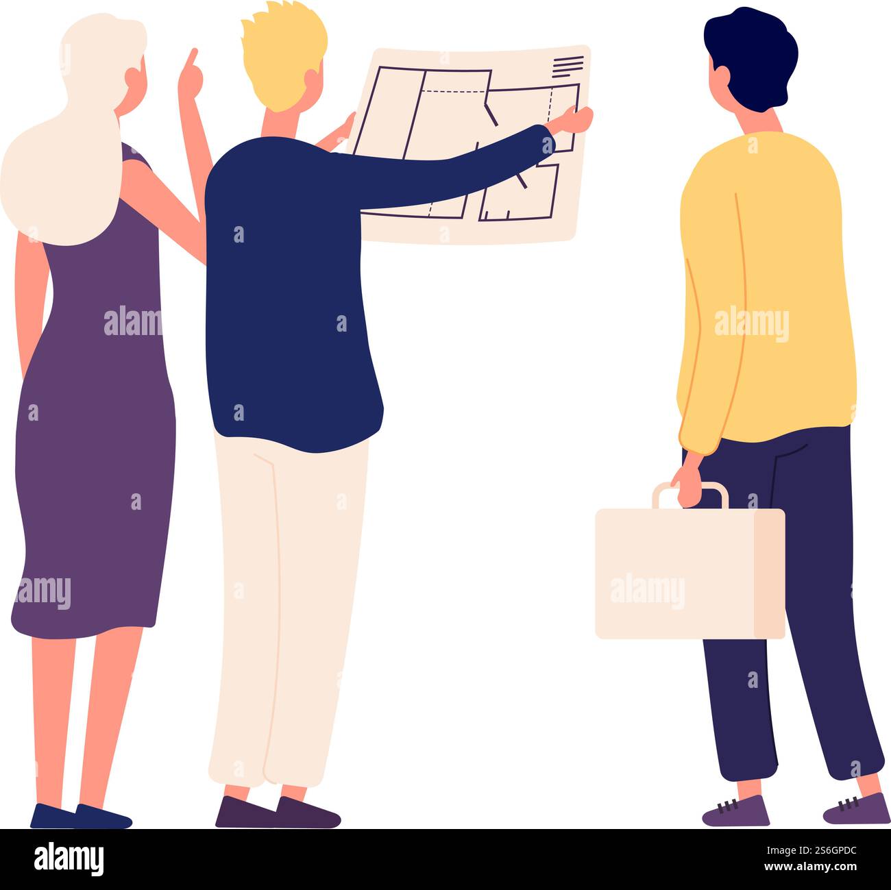 People look apartment plan. Real estate work, home sale manager and ...