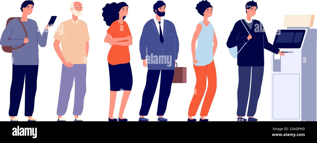 Atm queue. People waiting line, bank machine face recognition for ...