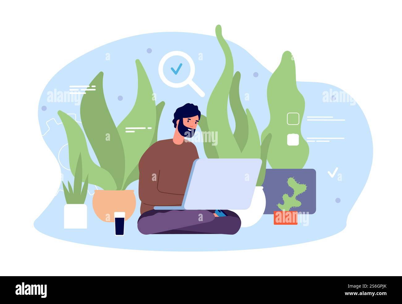 Eco friendly office. Man working at garden. Meditation on workplace ...