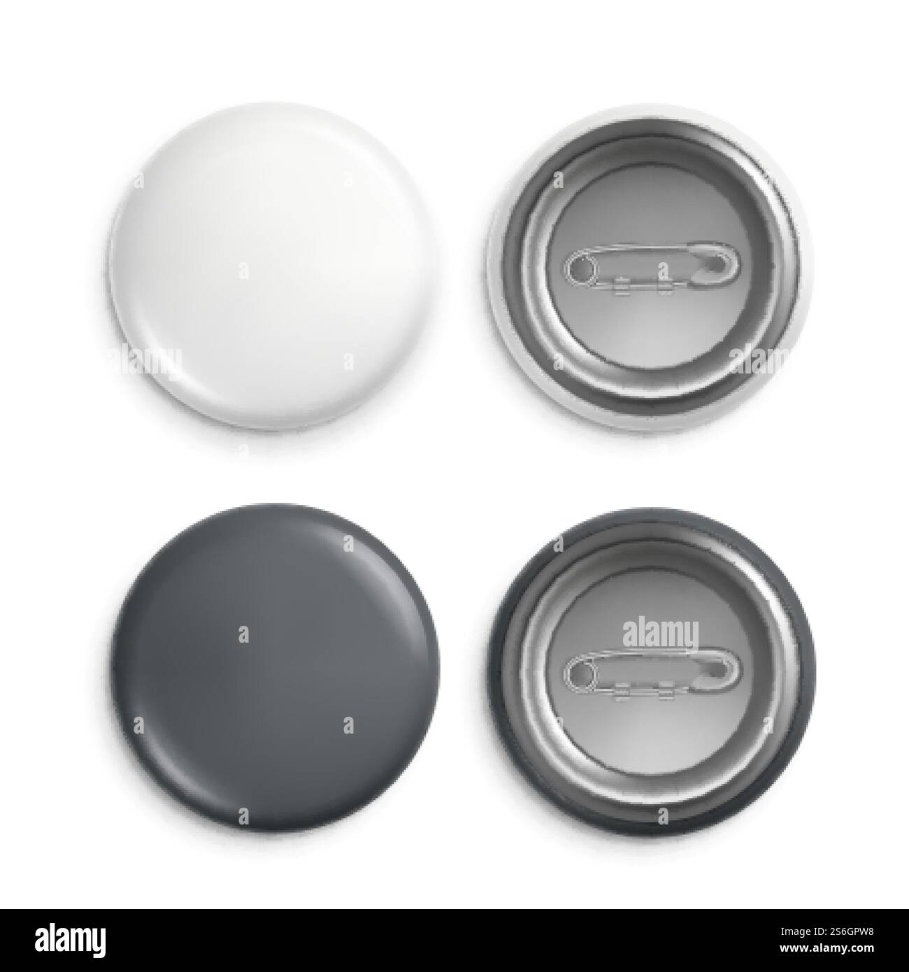 Round badges. White plastic badge mockup, isolated buttons witn pins ...