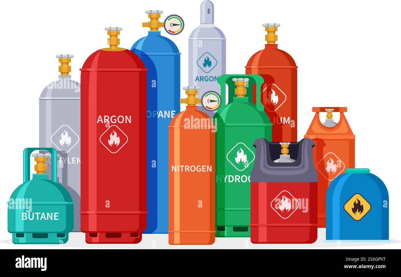 Gas cylinder group. Oxygen tanks, bottles and canister. Isolated ...