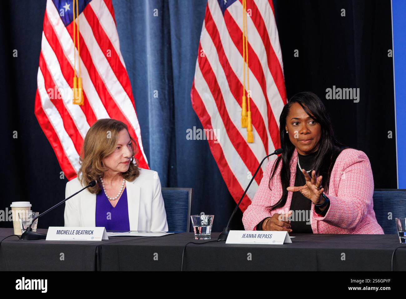 Detroit, USA. 16th Jan, 2025. Jeanna Repass, right, speaks at a forum ...