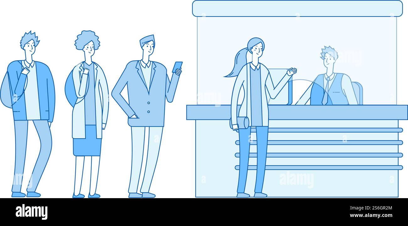 Queue at box office at station. Waiting line, cash register window ...