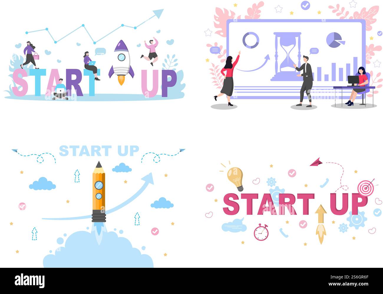 Startup Flat Illustration of Business Development Process, Innovation Product, and Creative Idea ...