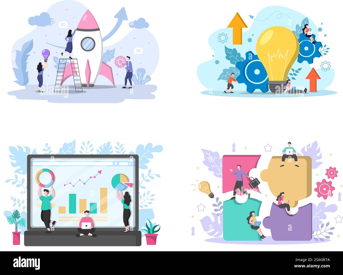 Startup Flat Illustration of Business Development Process, Innovation Product, and Creative Idea ...