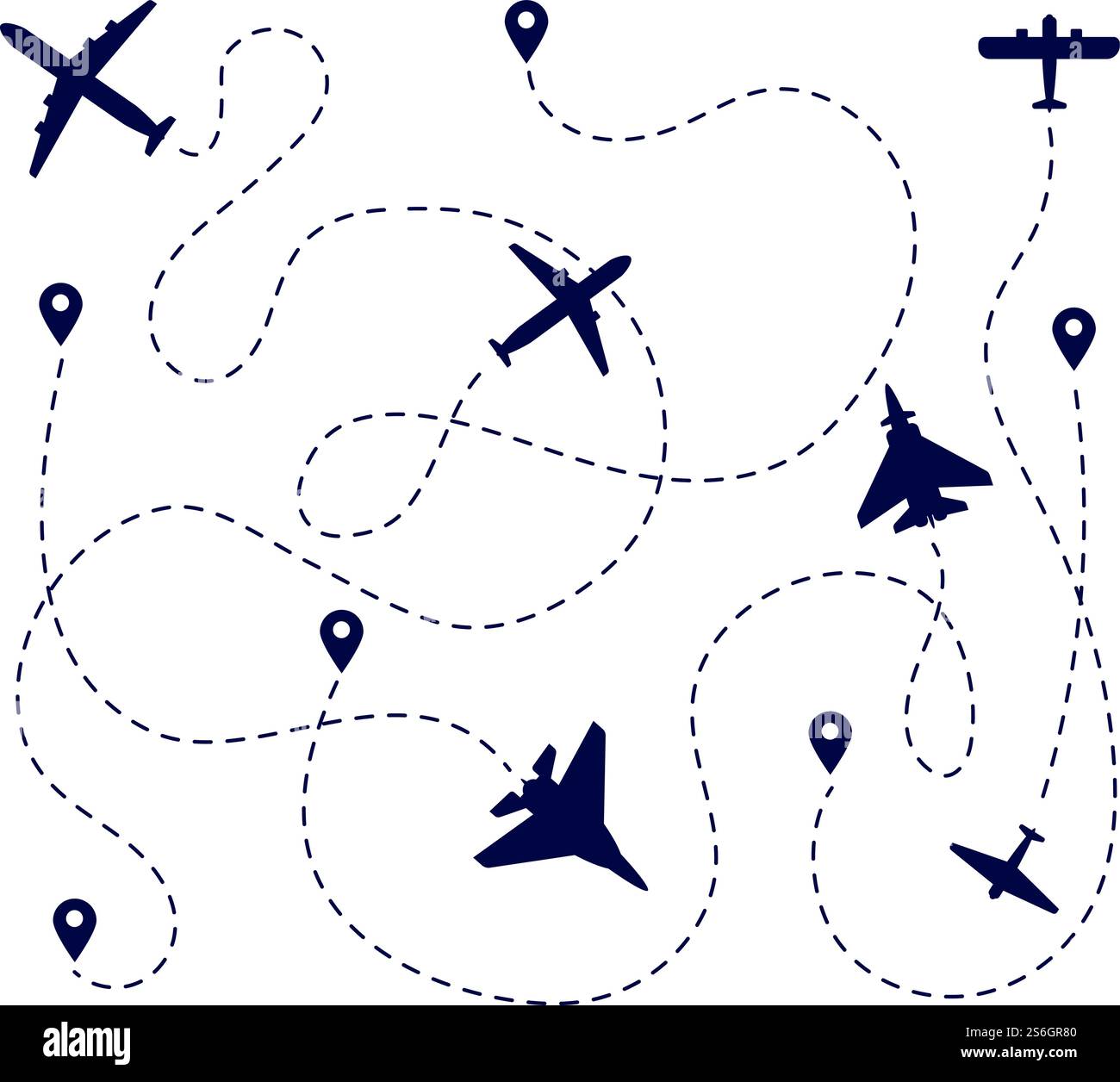 Plane paths. Aircraft way, dotted path or road. Airplane fly route ...