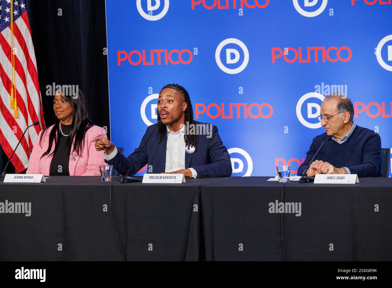 Detroit, USA. 16th Jan, 2025. Malcolm Kenyatta, center, speaks at a ...