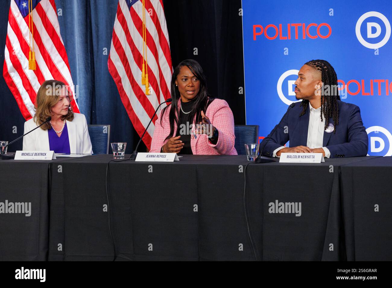 Detroit, USA. 16th Jan, 2025. Jeanna Repass, center, speaks at a forum ...