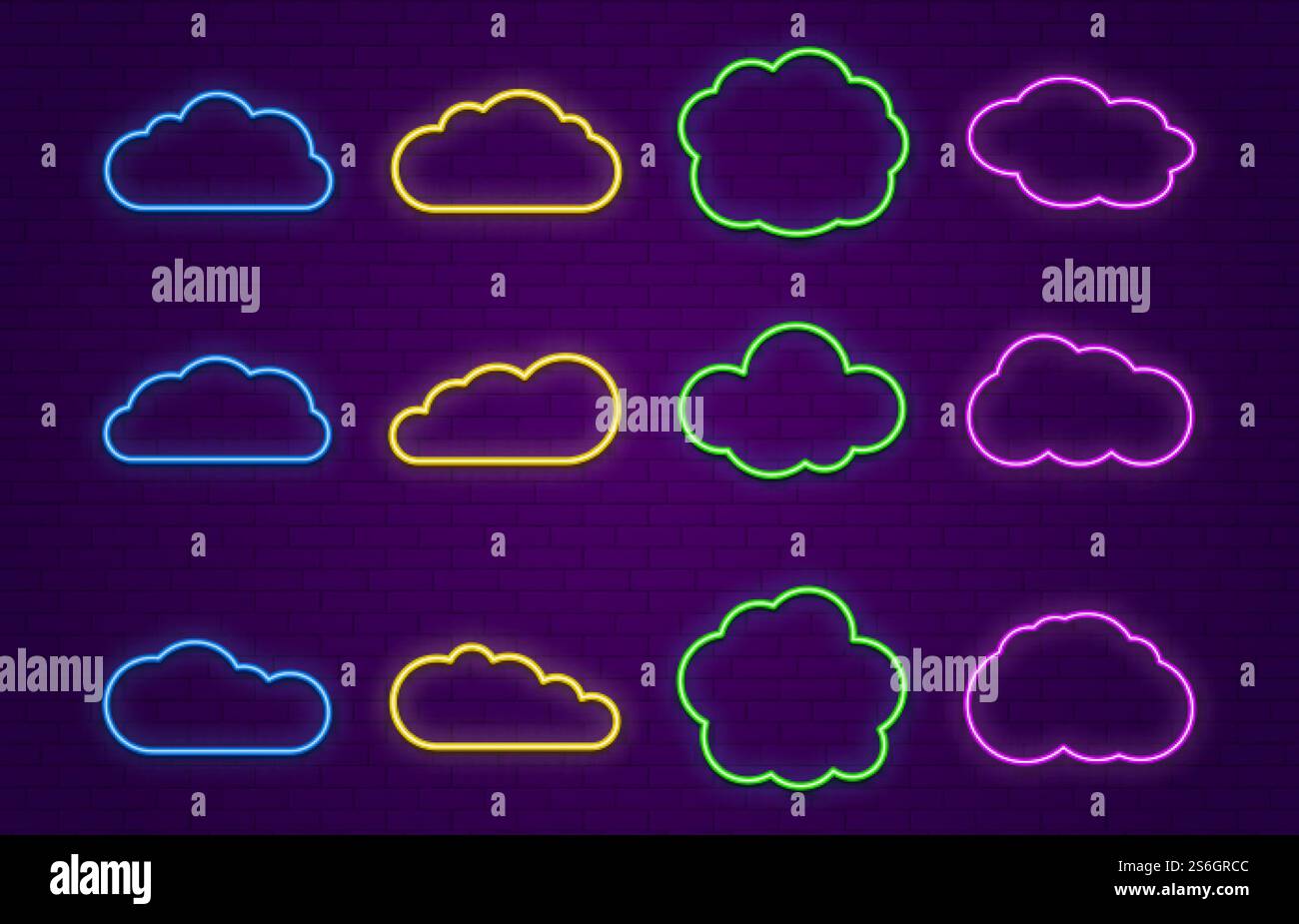 Cloud icons. Line neon speech bubbles forms for bar, restaurant or outside hang banner. Glowing ...