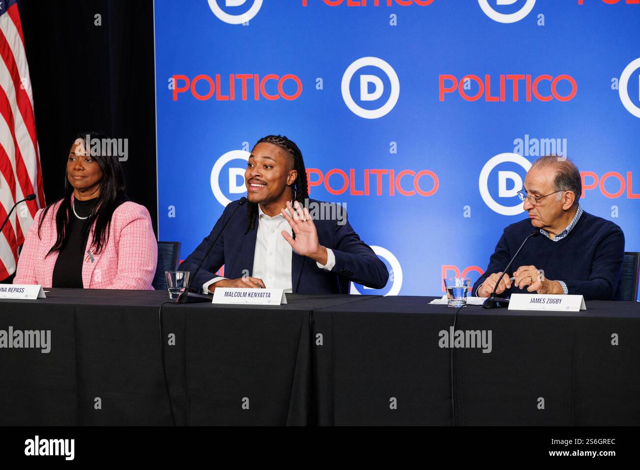 Detroit, USA. 16th Jan, 2025. Malcolm Kenyatta, center, speaks at a ...