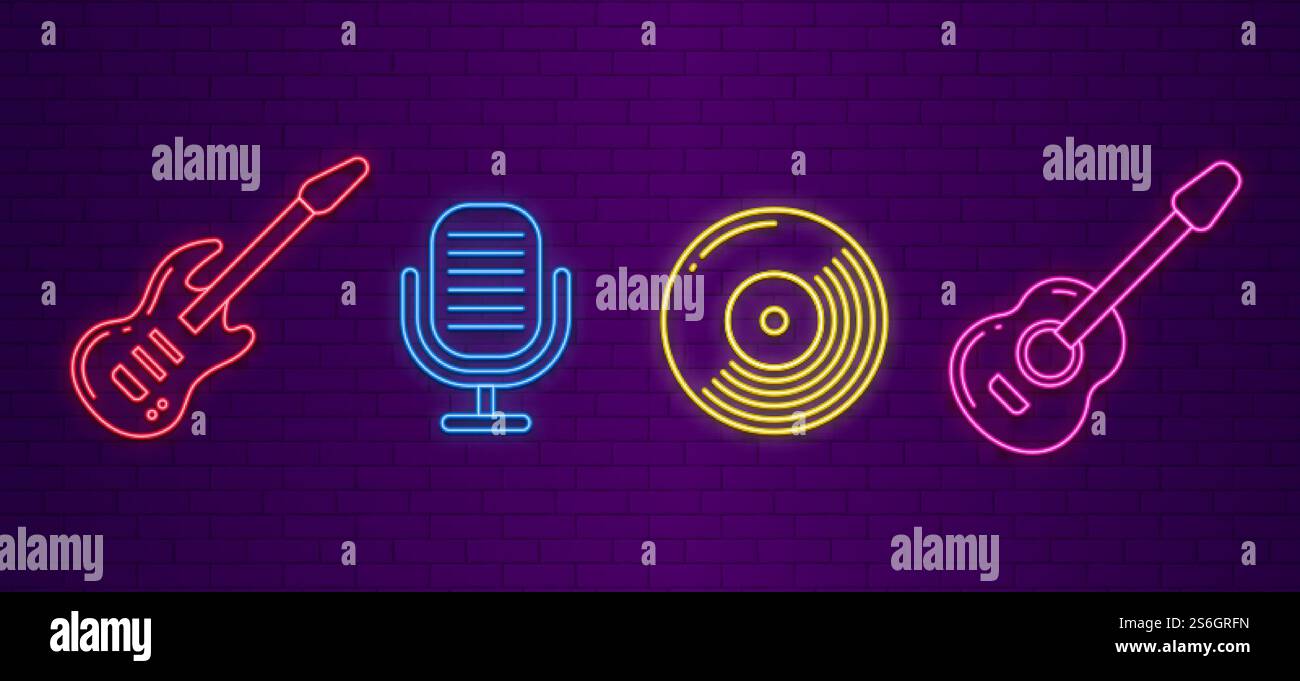 Music icons. Neon musical instruments signs. Guitars, microphone and cd ...