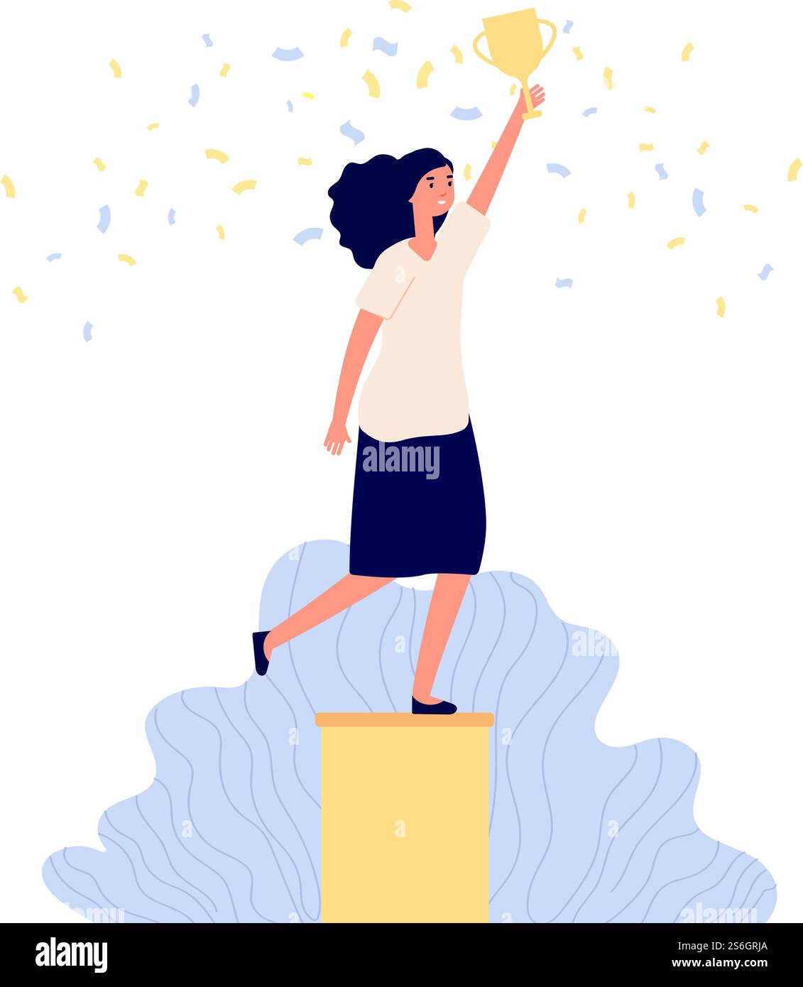 Business woman on pedestal. Female character work success. Girl holds ...