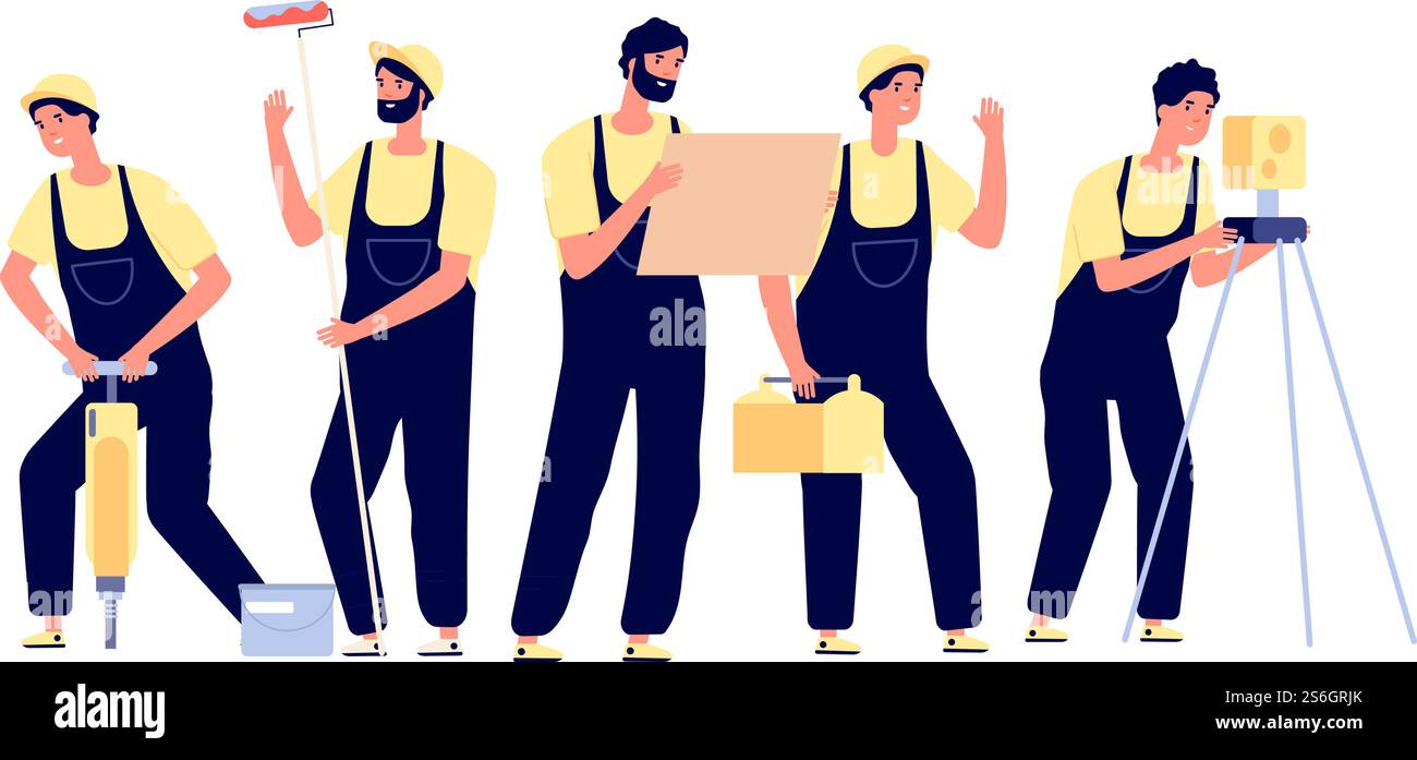 Construction team. Engineer builder character. Isolated smiling ...