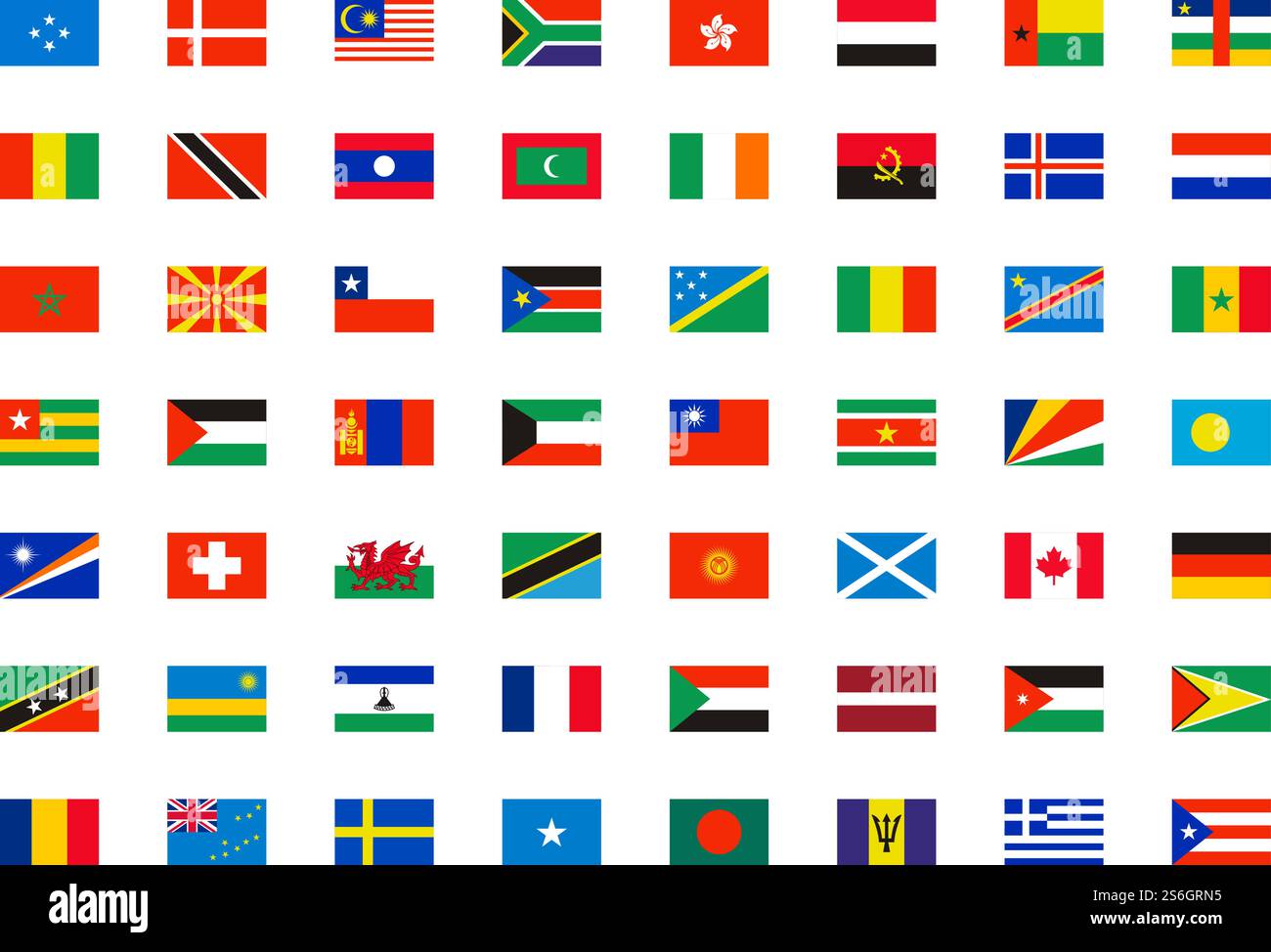World flags. Symbols of all world countries map independent names ...