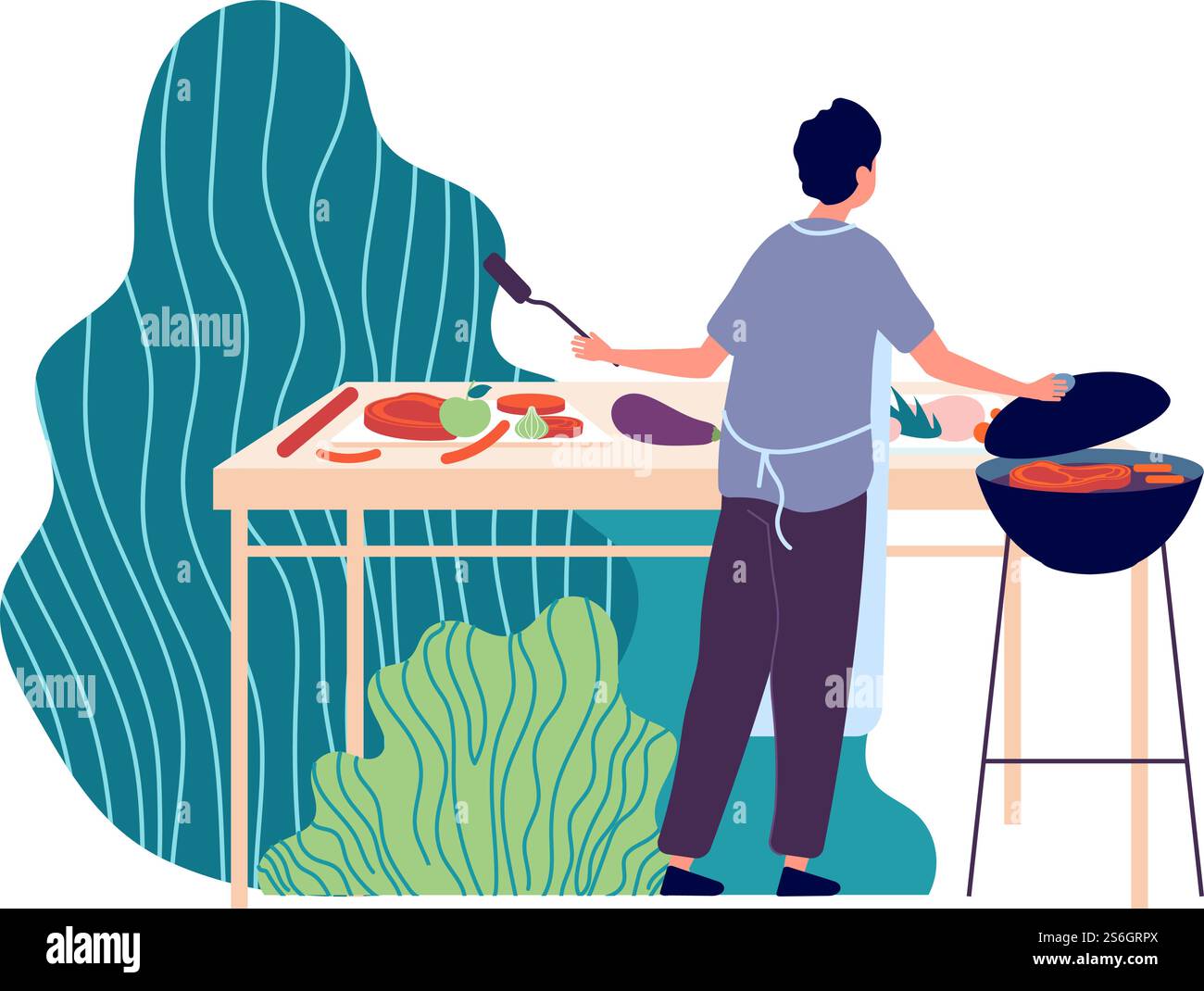 Summer BBQ. Man fried meat on nature. Summertime picnic, man cooking ...