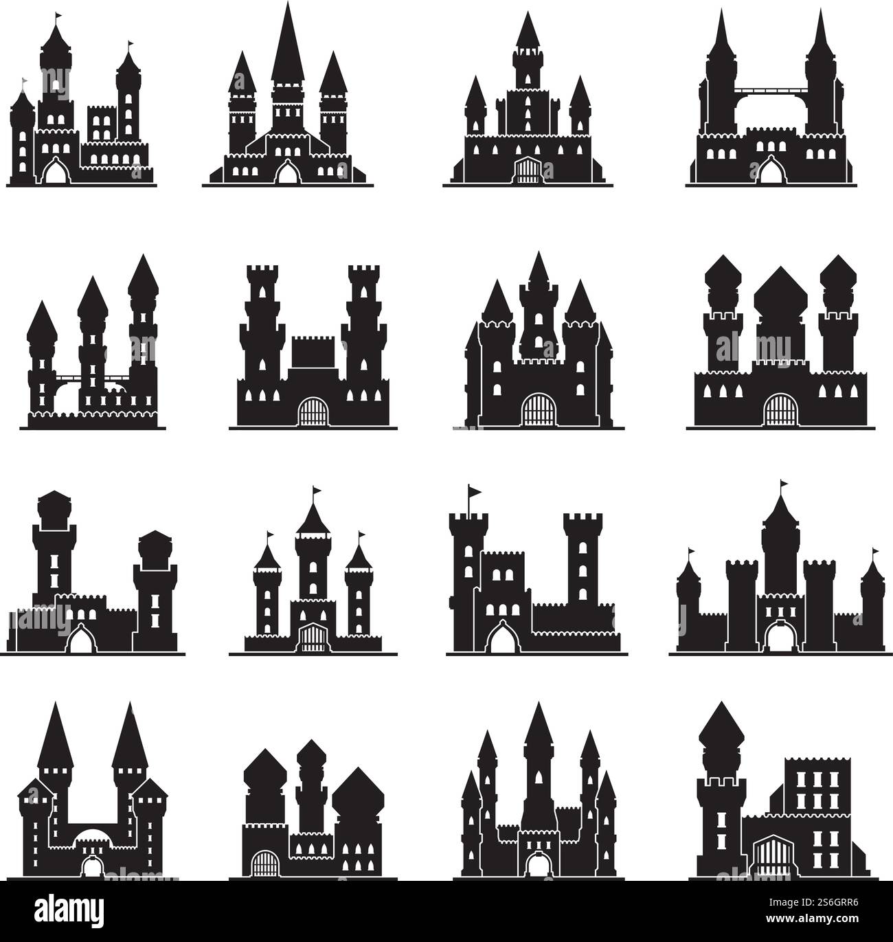 Castle silhouettes. Medieval fortress ancient towers vector flat ...