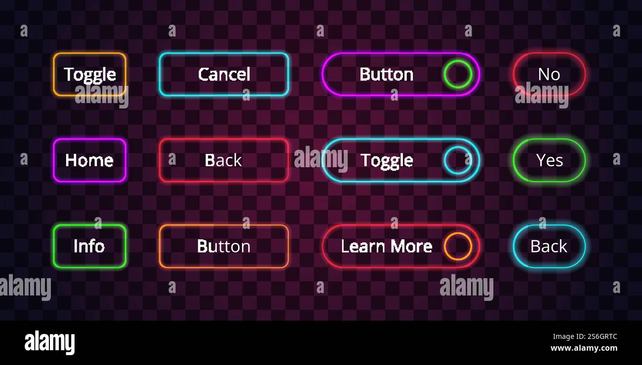 Neon buttons. Glow web entering click lighting buttons digital badges ...