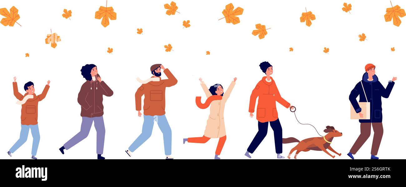 People and autumn leaves. Seasonal colourful leaf. Woman kids playing ...