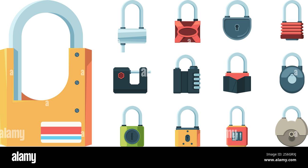 Lock set. Padlock key prison secret code door symbols vector flat ...