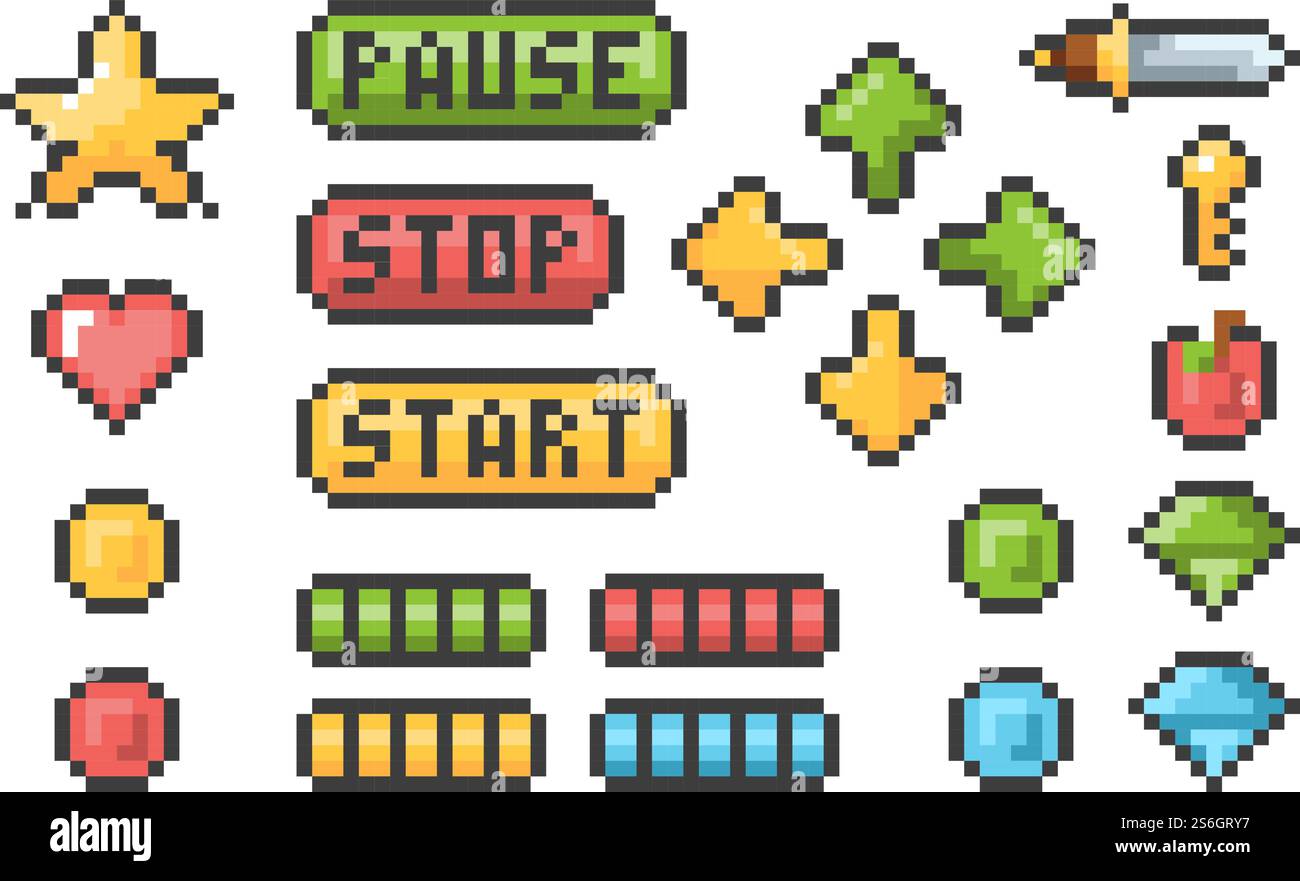Pixel buttons. Retro video games trophy pictogram menu bars ui elements vector pixel set ...