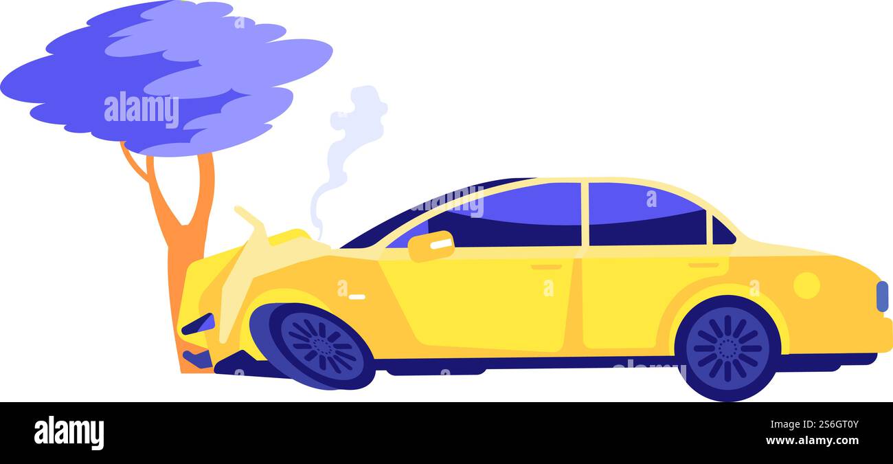 Car crash. Auto crashed into tree. Automobile smoke, accident on nature ...