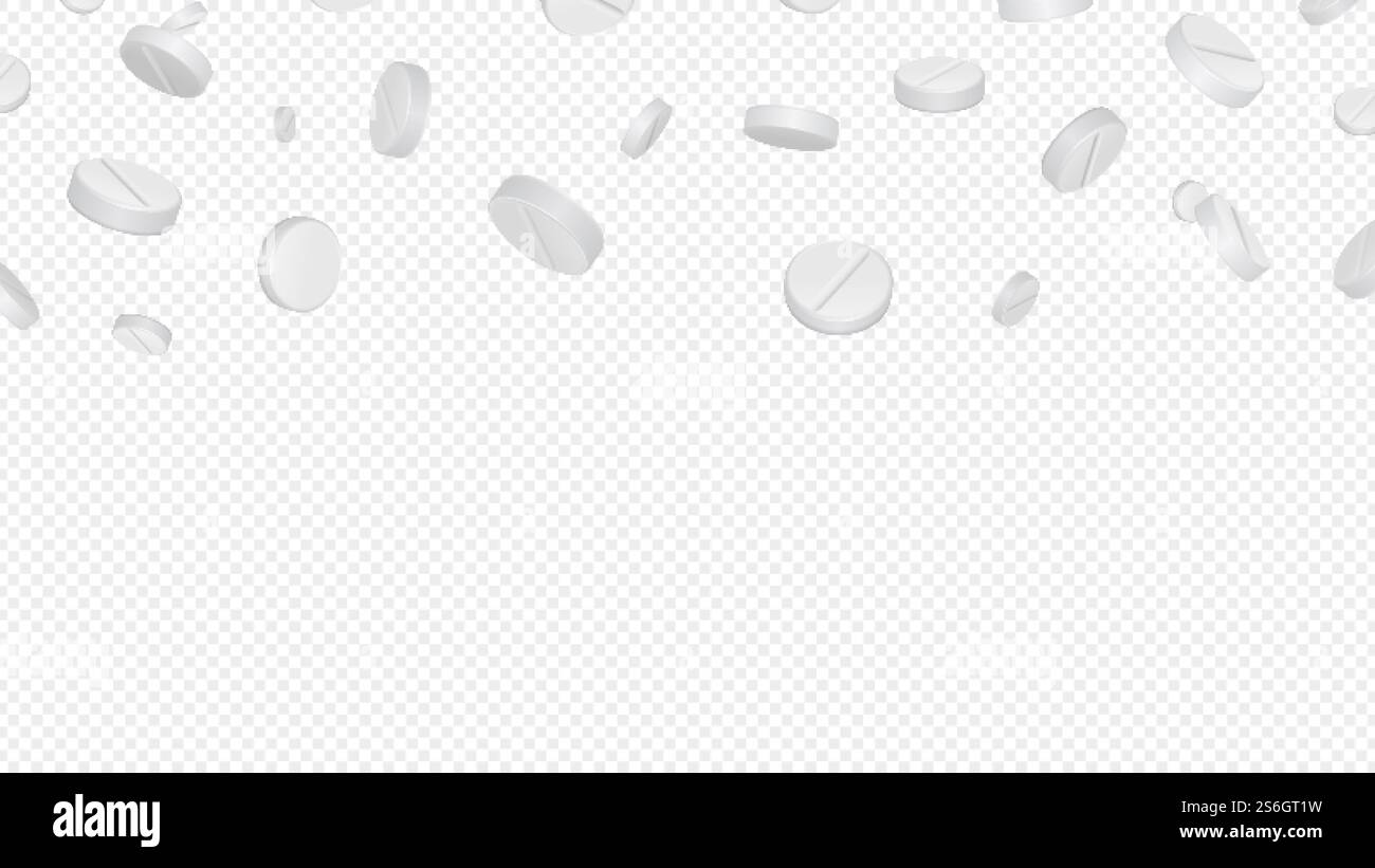 Falling pills. Realistic white drugs, antibiotics or aspirin banner ...