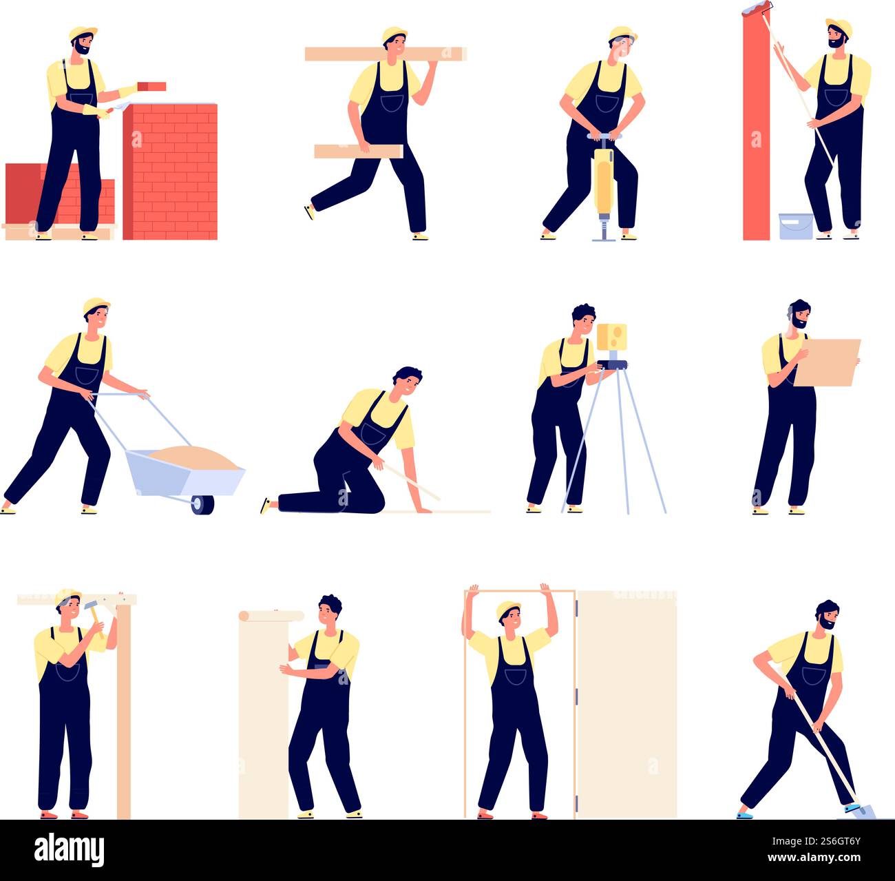 Builder workers. Construction man in helmet, handyman team. Flat male ...