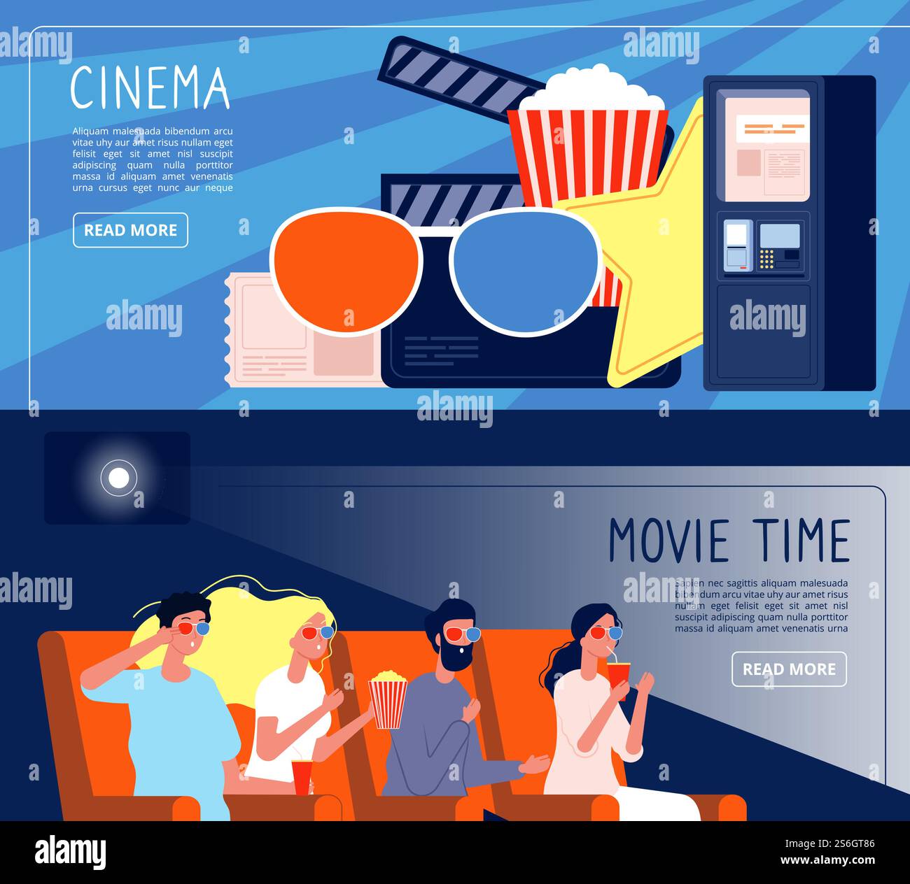 Cinema people banners. Happy couple watching films sitting in cinema ...