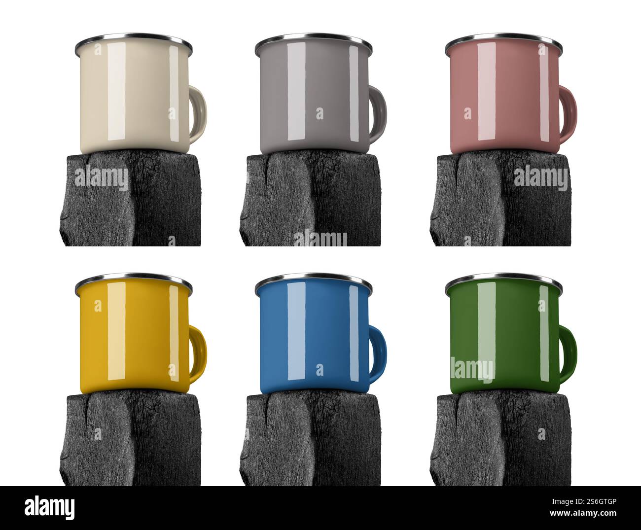 Mockup of colored enamel cups with chrome rim, on burnt wooden beam ...