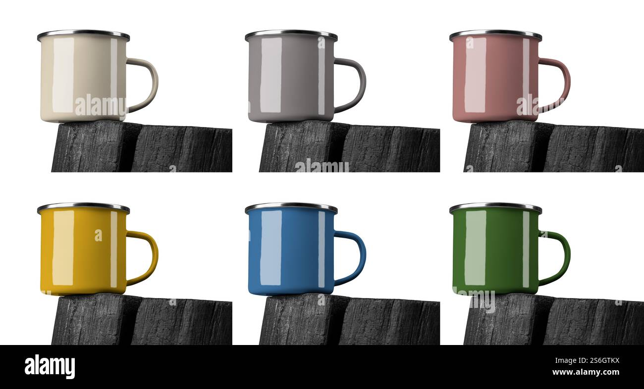 Mockup of colored enamel cups with glare, chrome rim, on the edge of ...