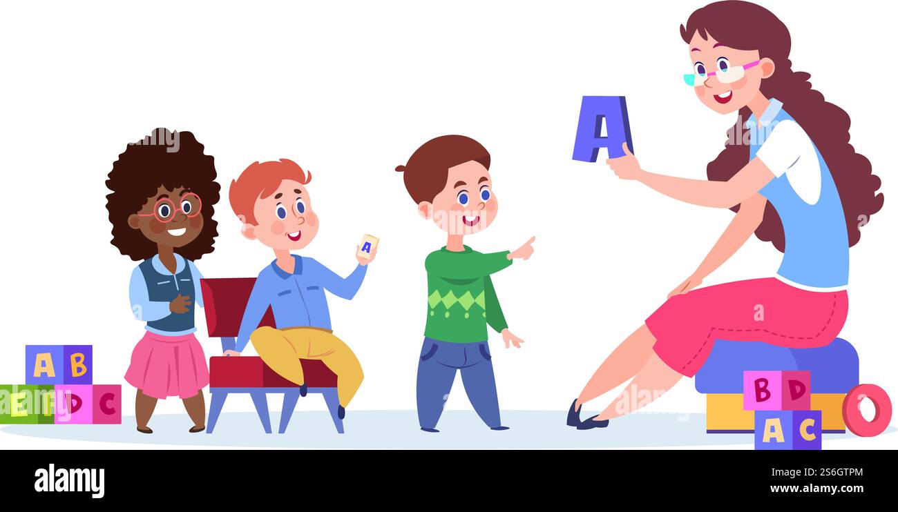 Cartoon kids playing. Children learn read through game. Kindergarten ...