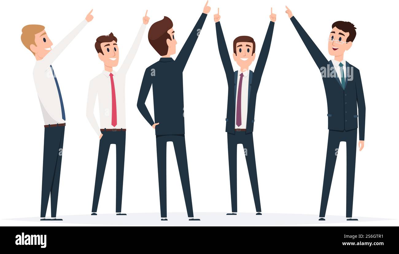 Businessman group pointing. Male managers standing and pointing top ...