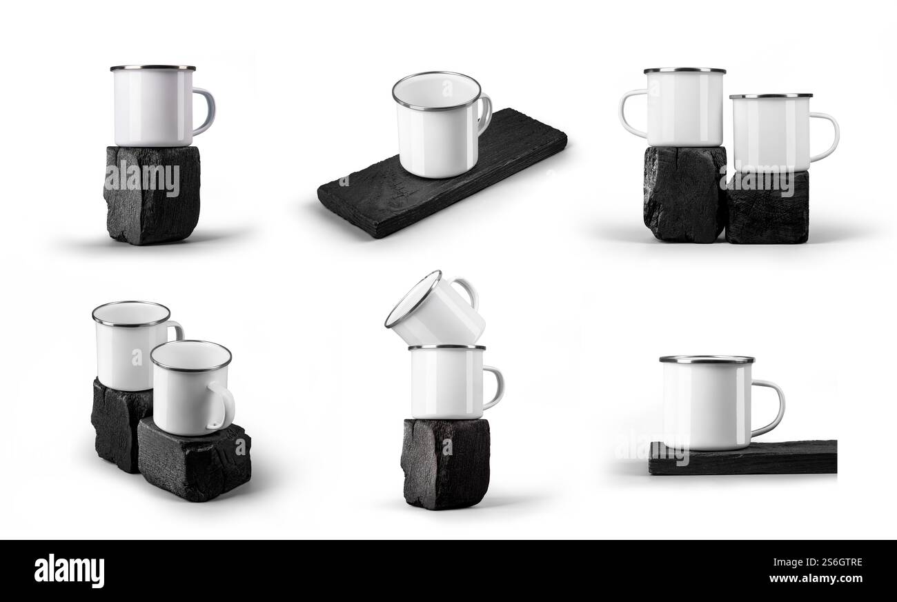 Mockup of white enamel mug with chrome rim, on burnt wooden timber ...