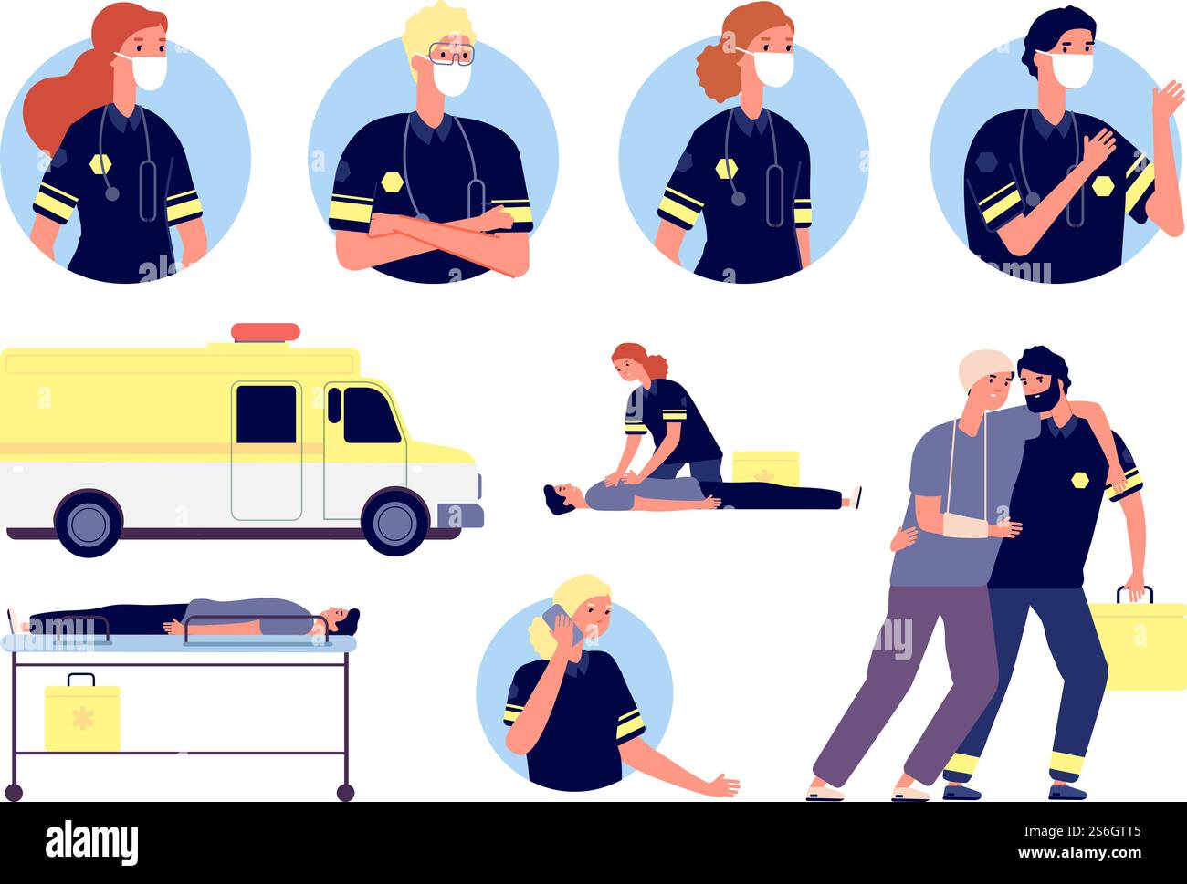 Emergency help. Paramedics characters, first aid and saving people. Medical team working ...