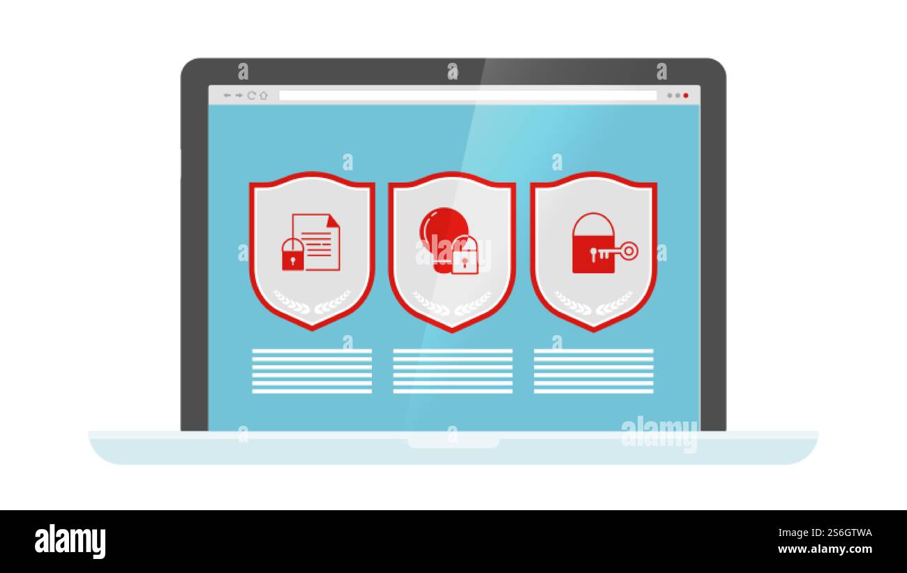 Data protection. Web security shields on laptop screen. Vector computer - internet safety icons ...