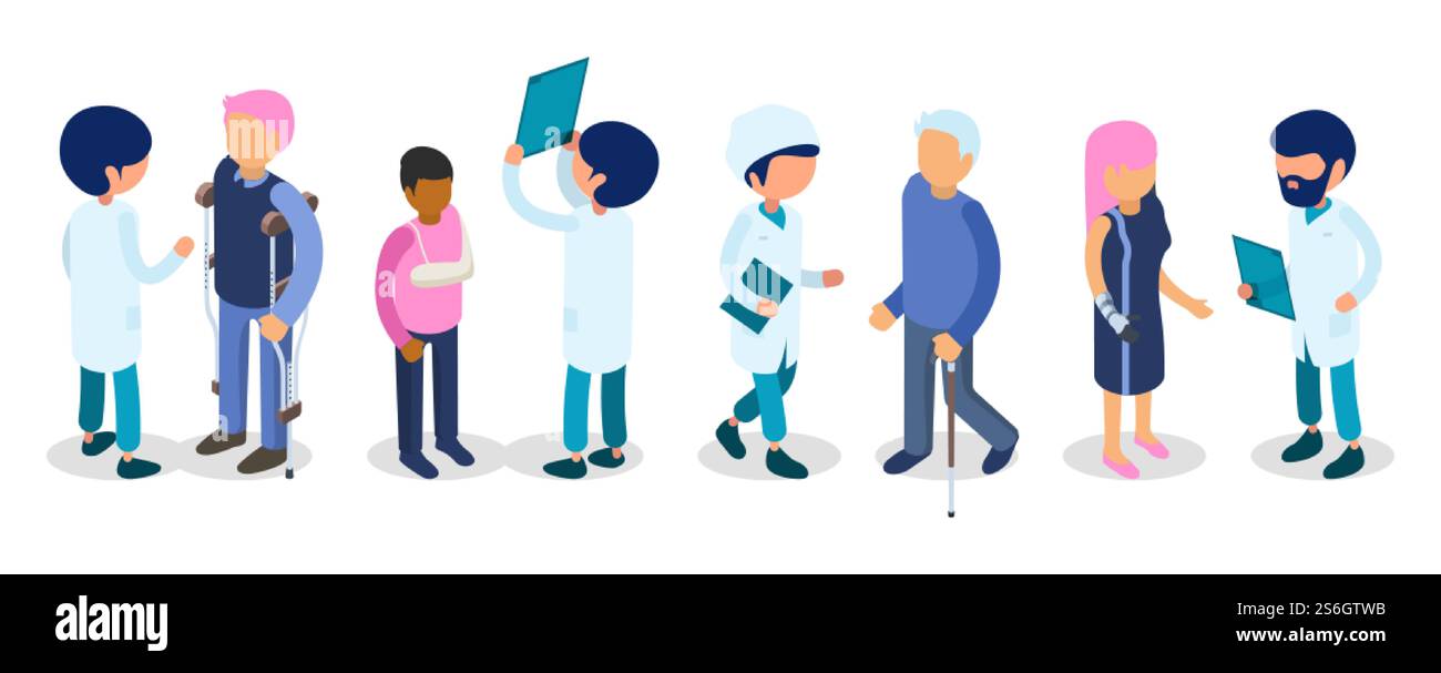 Doctors, disabled people. Disabilities persons isometric. Injury ...